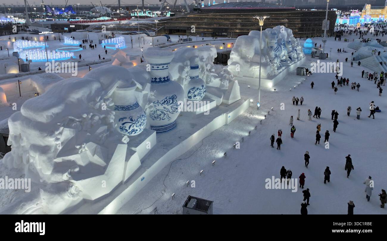 Aerial photo shows the night view of the 27th Harbin Ice-Snow World in ...