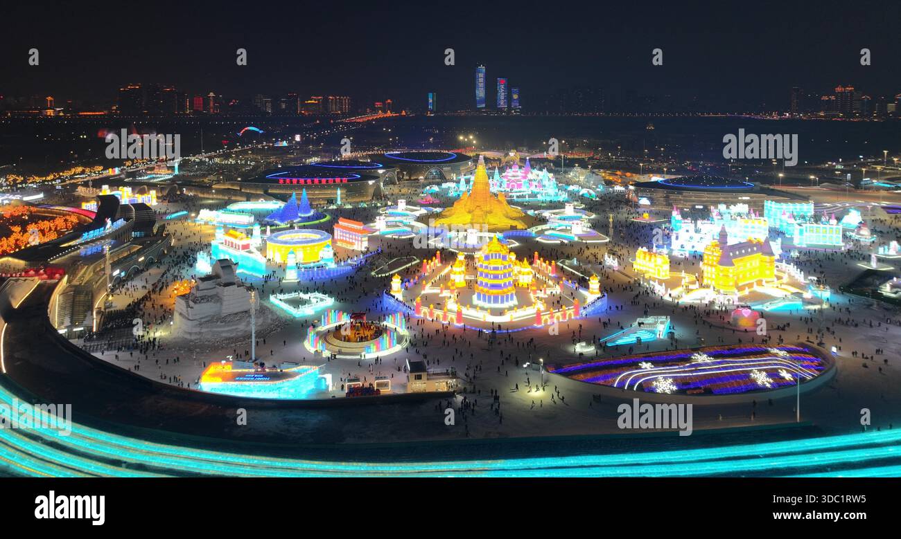 Aerial photo shows the night view of the 27th Harbin Ice-Snow World in ...
