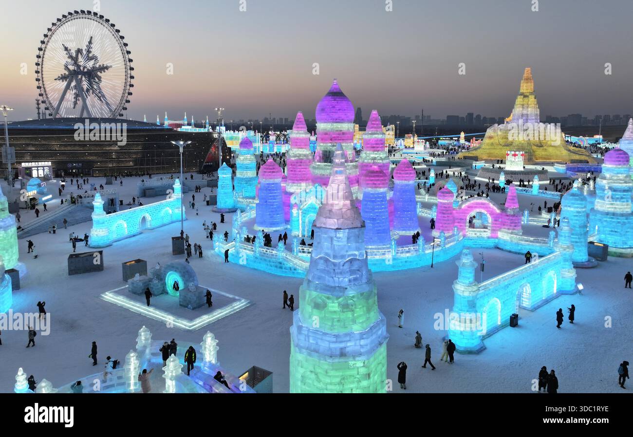 Aerial photo shows the night view of the 27th Harbin Ice-Snow World in ...