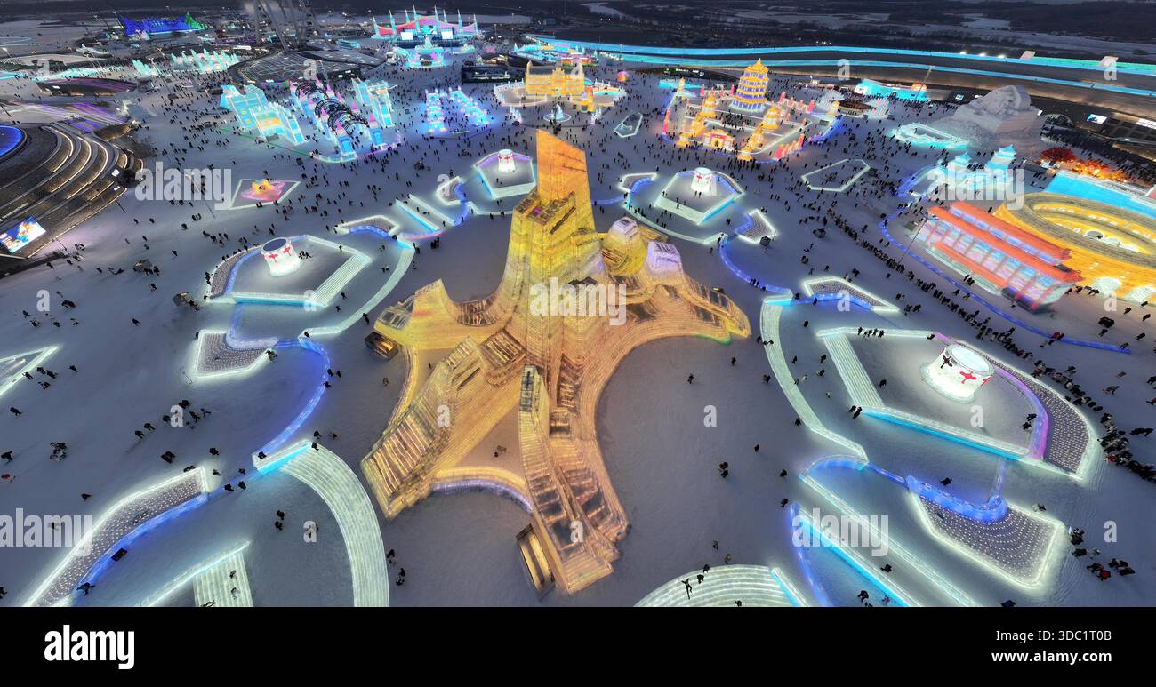 Aerial photo shows the night view of the 27th Harbin Ice-Snow World in ...