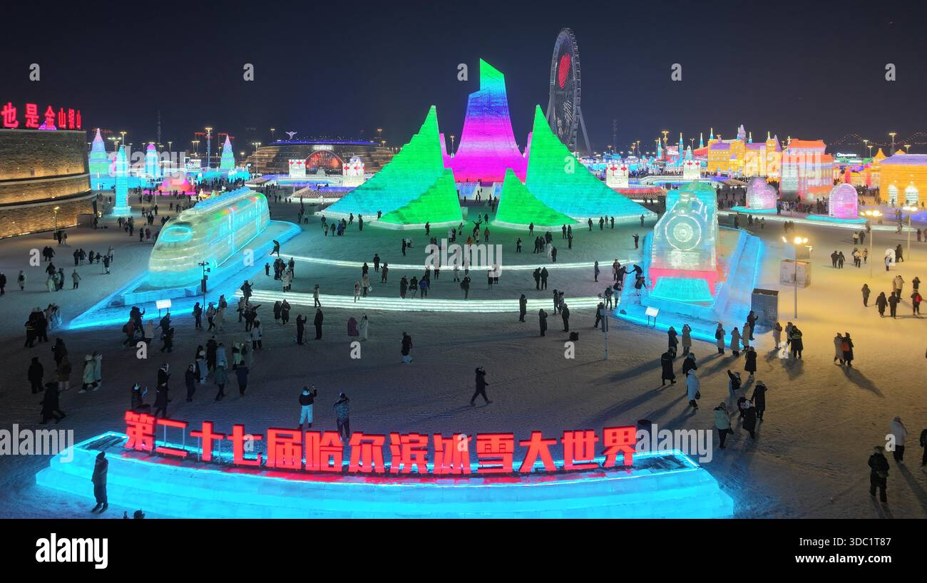 Aerial photo shows the night view of the 27th Harbin Ice-Snow World in ...