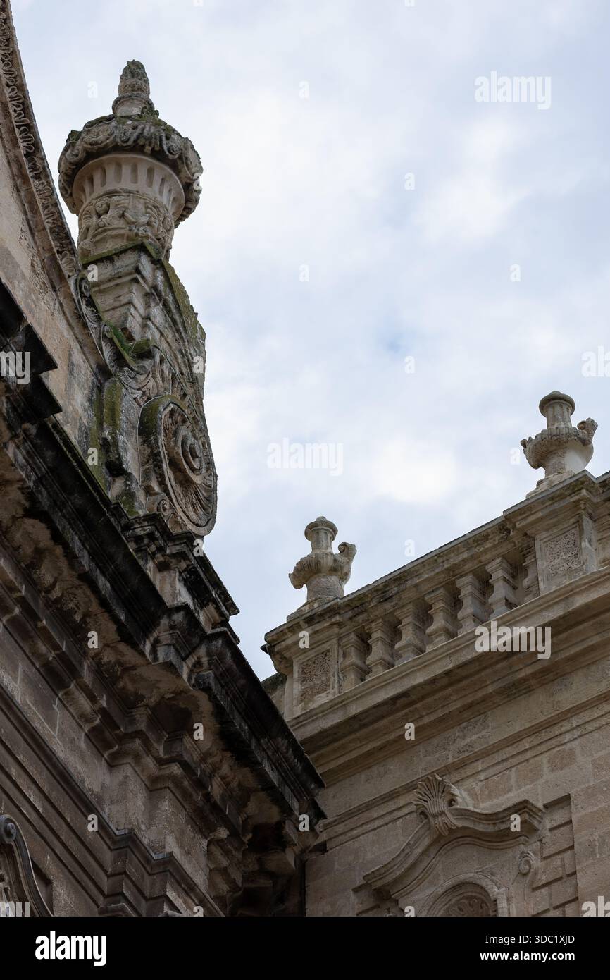 baroque architecture detail, looking up at weathered stone facade and ...