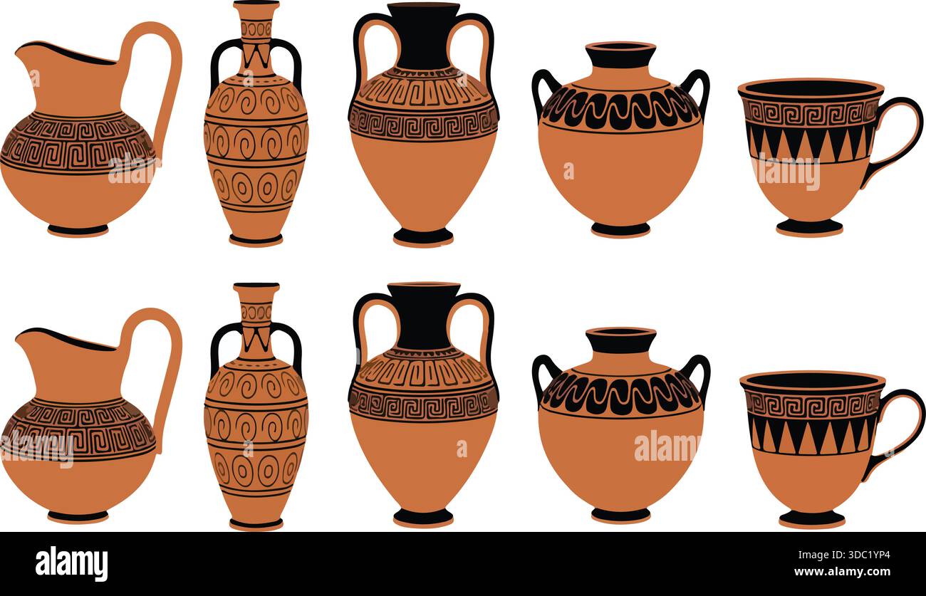 Collection of Ancient Greek Style Pottery with Traditional Meander ...
