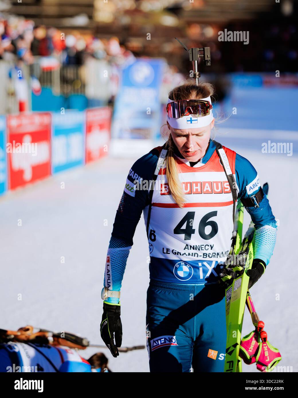 Suvi Minkkinen on the finish line after the Women 7.5km Sprint at the ...