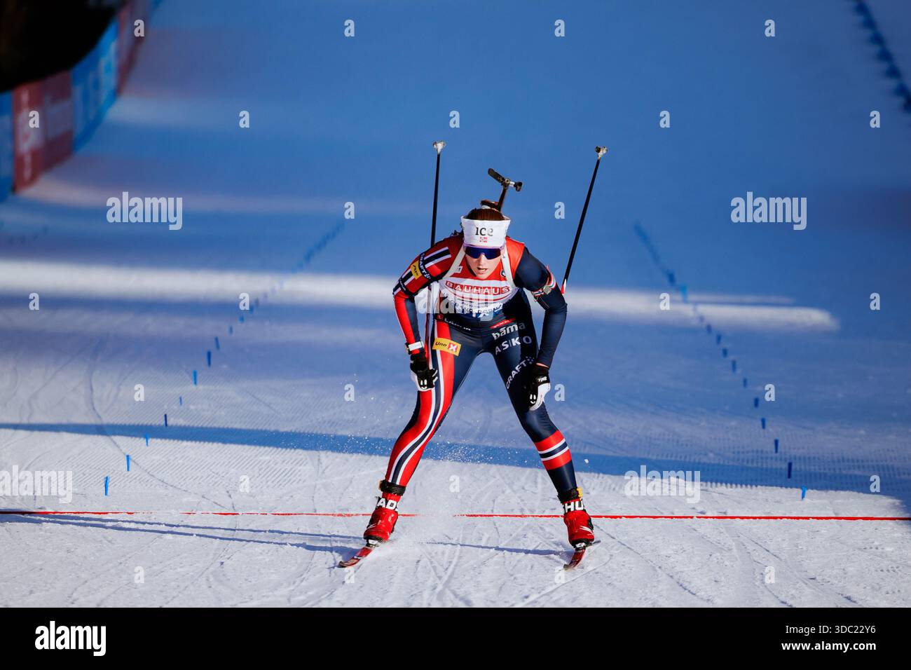 Maren Kirkeeide on the finish line during the Women 7.5km Sprint at the ...