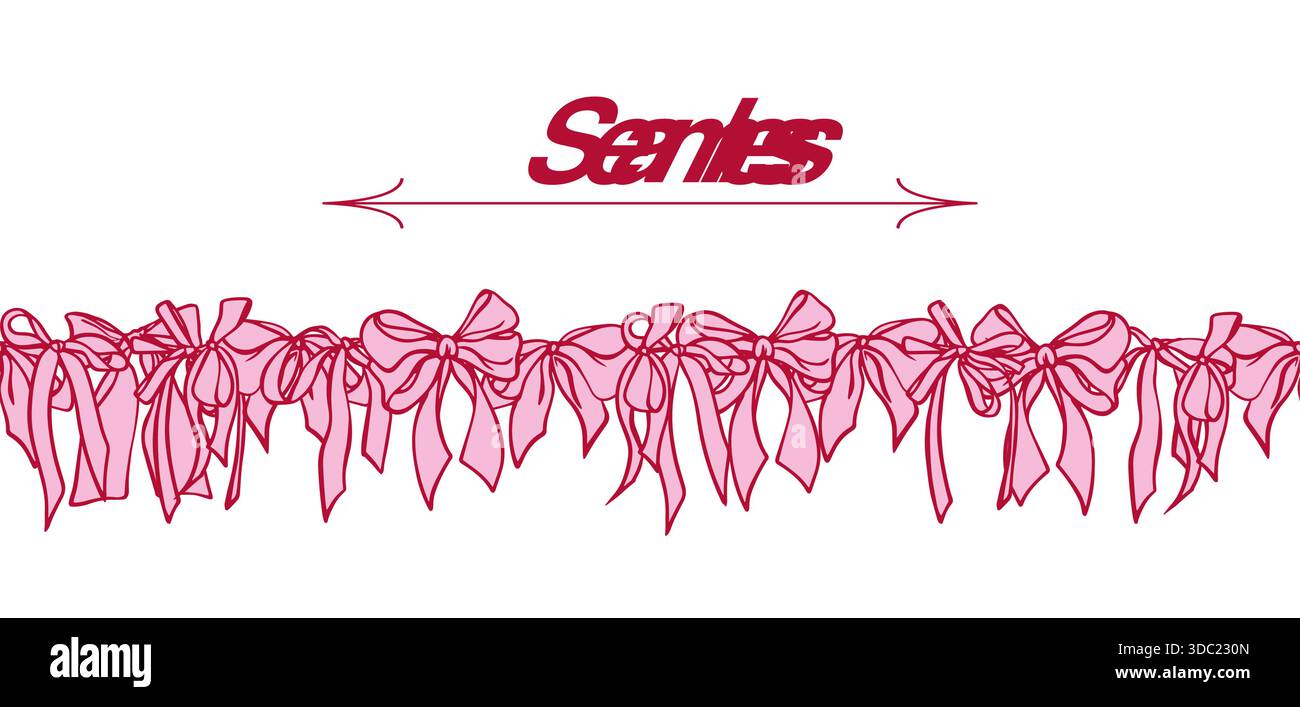 Pink Coquette Ribbon Bow seamless Border. Hand-Drawn Feminine Vintage ...