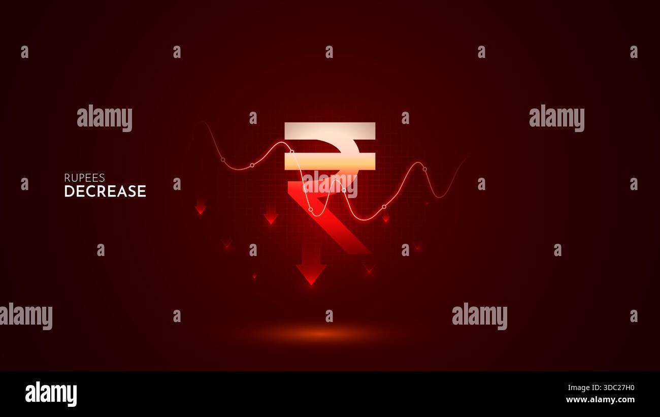 Indian Rupees value decrease with graph and red background. Rupee ...