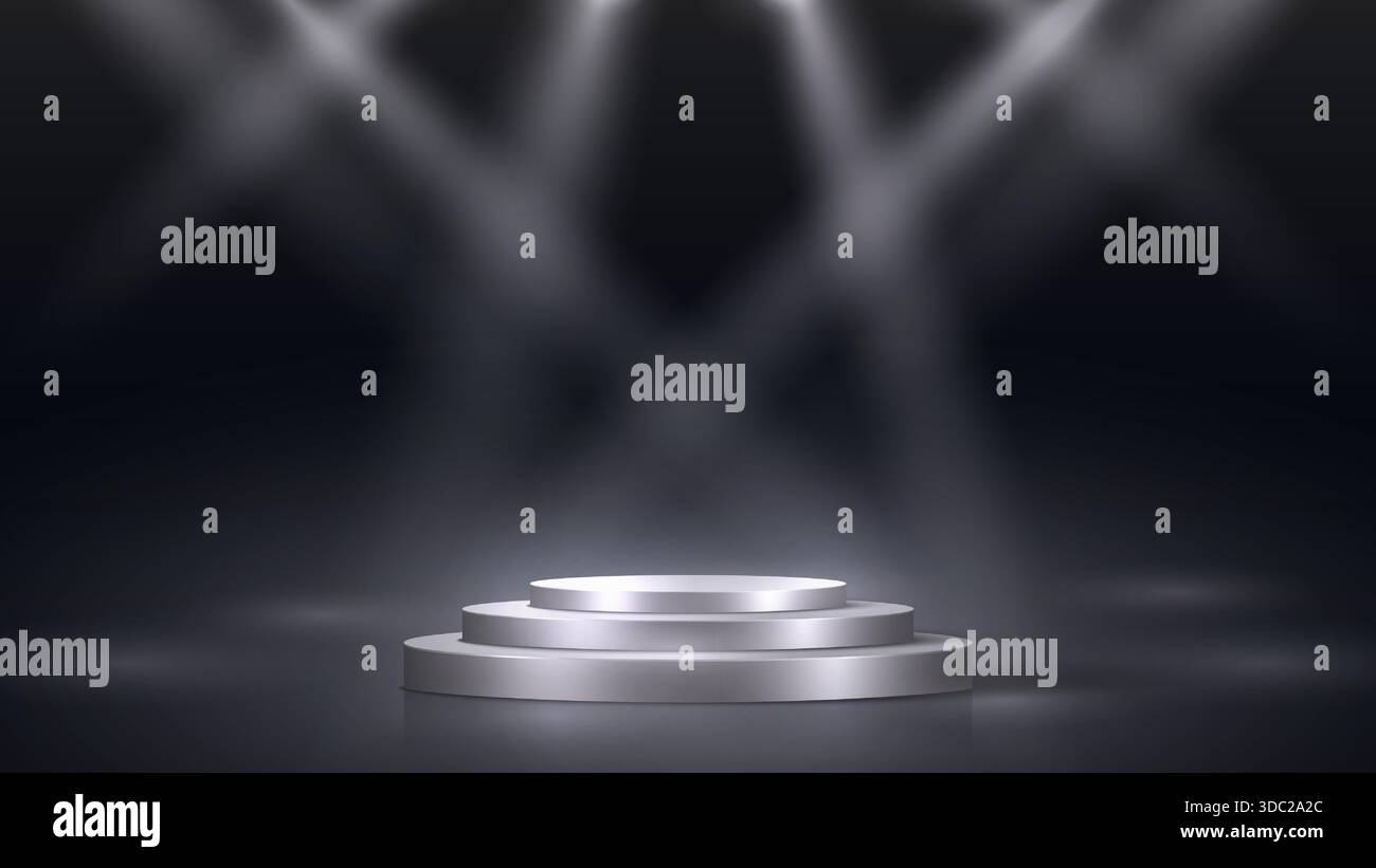 Silver 3 stage podium with spotlights in dark studio for product ...