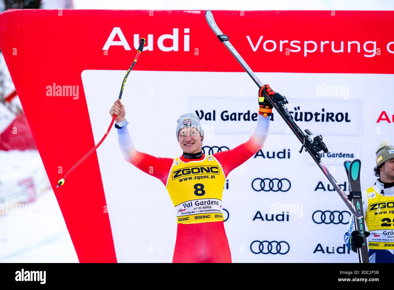 Marco Odermatt (SUI) celebrating the podium during 2026 Audi FIS Ski ...
