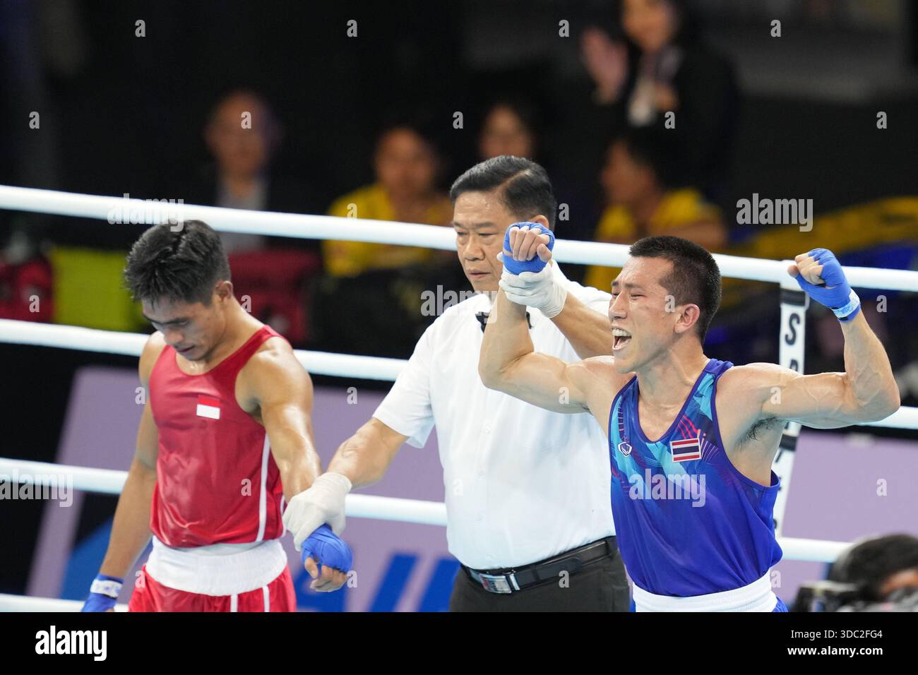 Thailand's Sakda Ruamtham, right, celebrates after defeating Indonesia ...