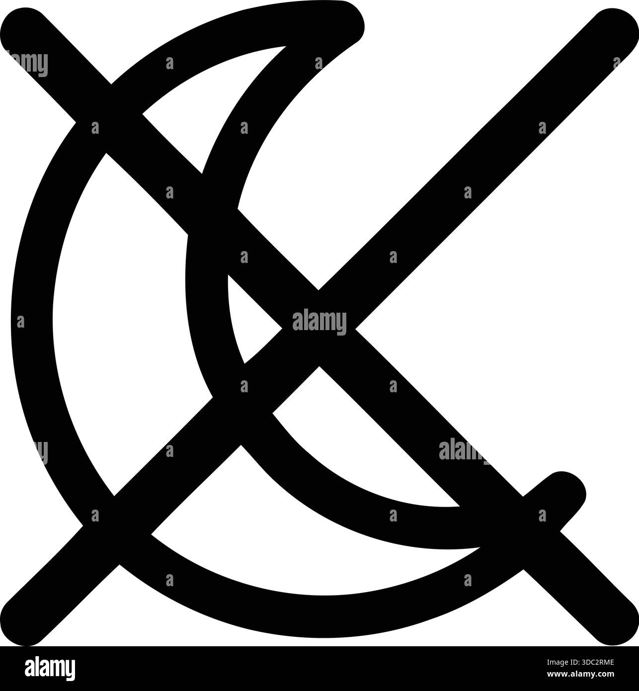 A simple black and white illustration featuring a crescent moon and a ...