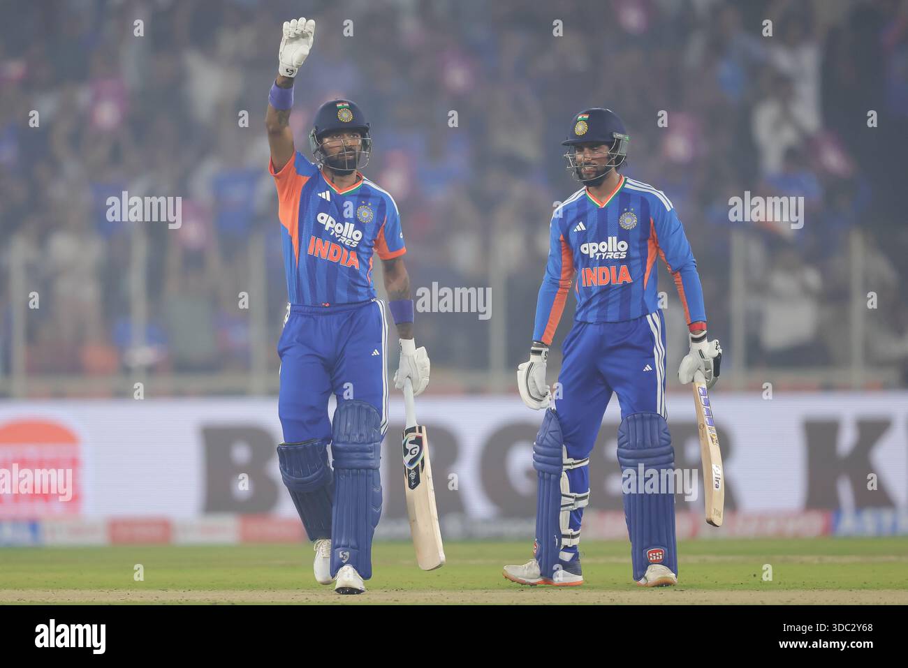 Hardik Pandya of India celebrates after making half century with Tilak ...