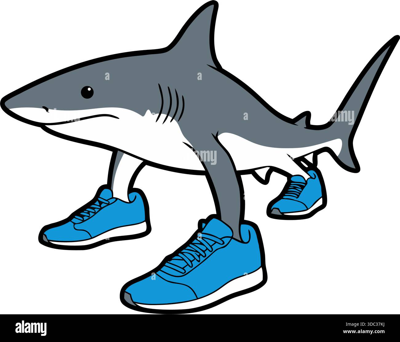 A funny cartoon shark wearing blue sneakers on its fins. Humorous ...