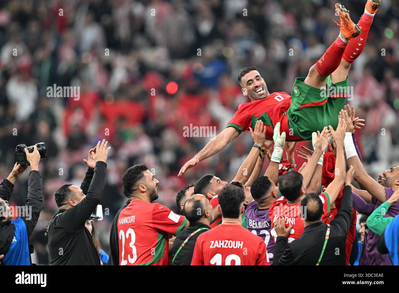 Doha, Qatar. December 18 2025: Morocco and Jordan football players on ...