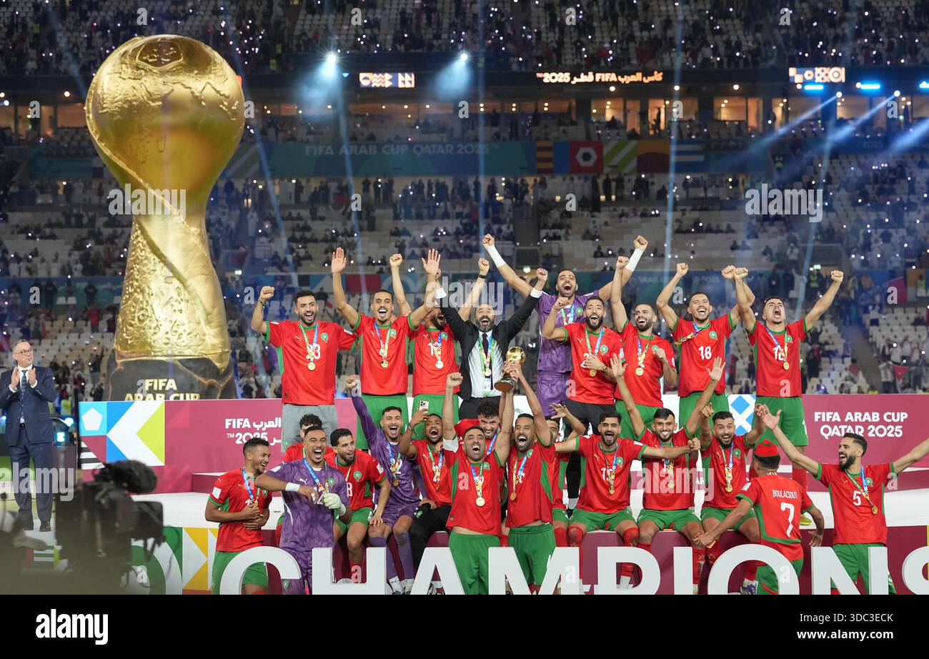 Doha, Qatar. December 18 2025: Morocco and Jordan football players on ...