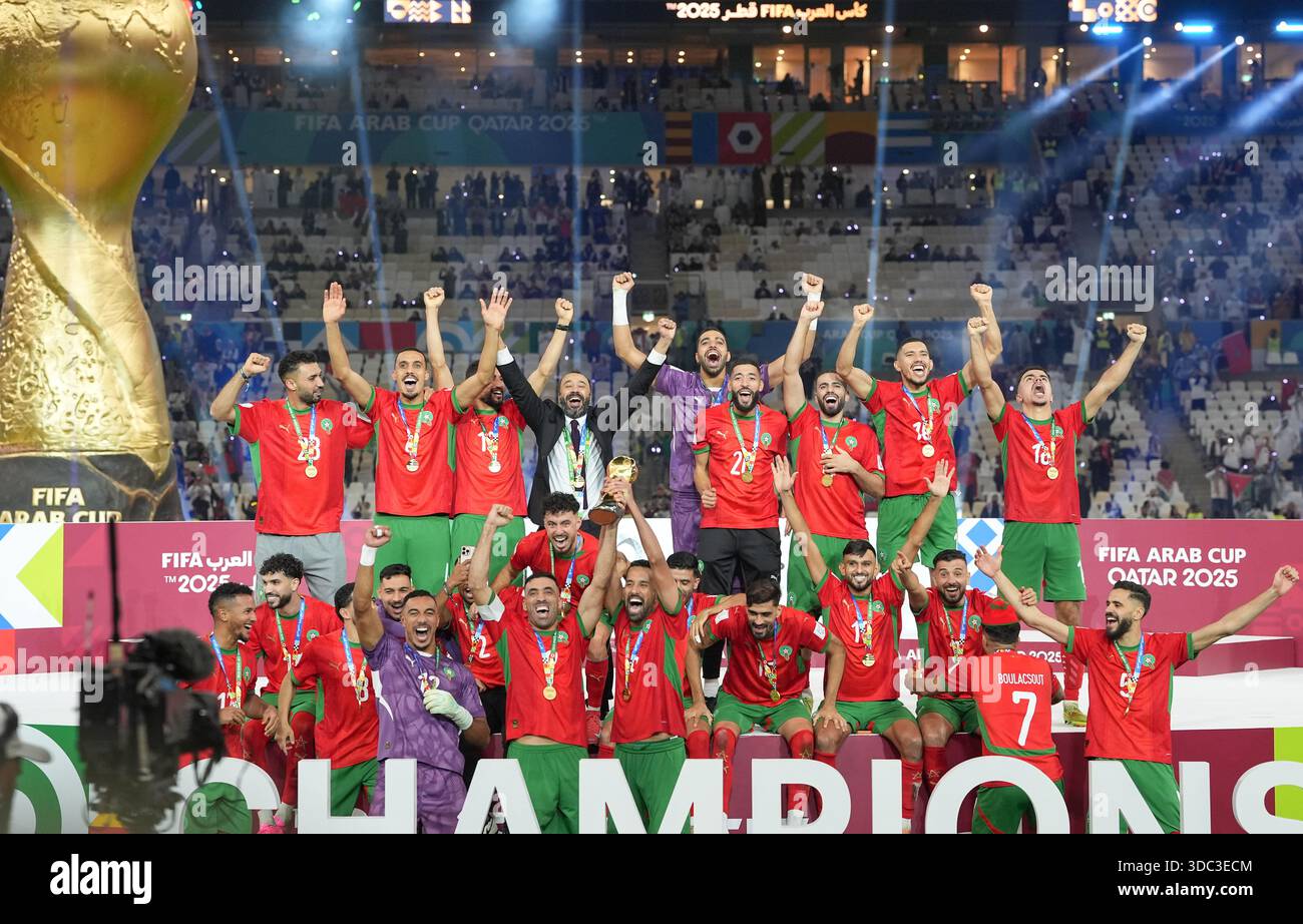 Doha, Qatar. December 18 2025: Morocco and Jordan football players on ...