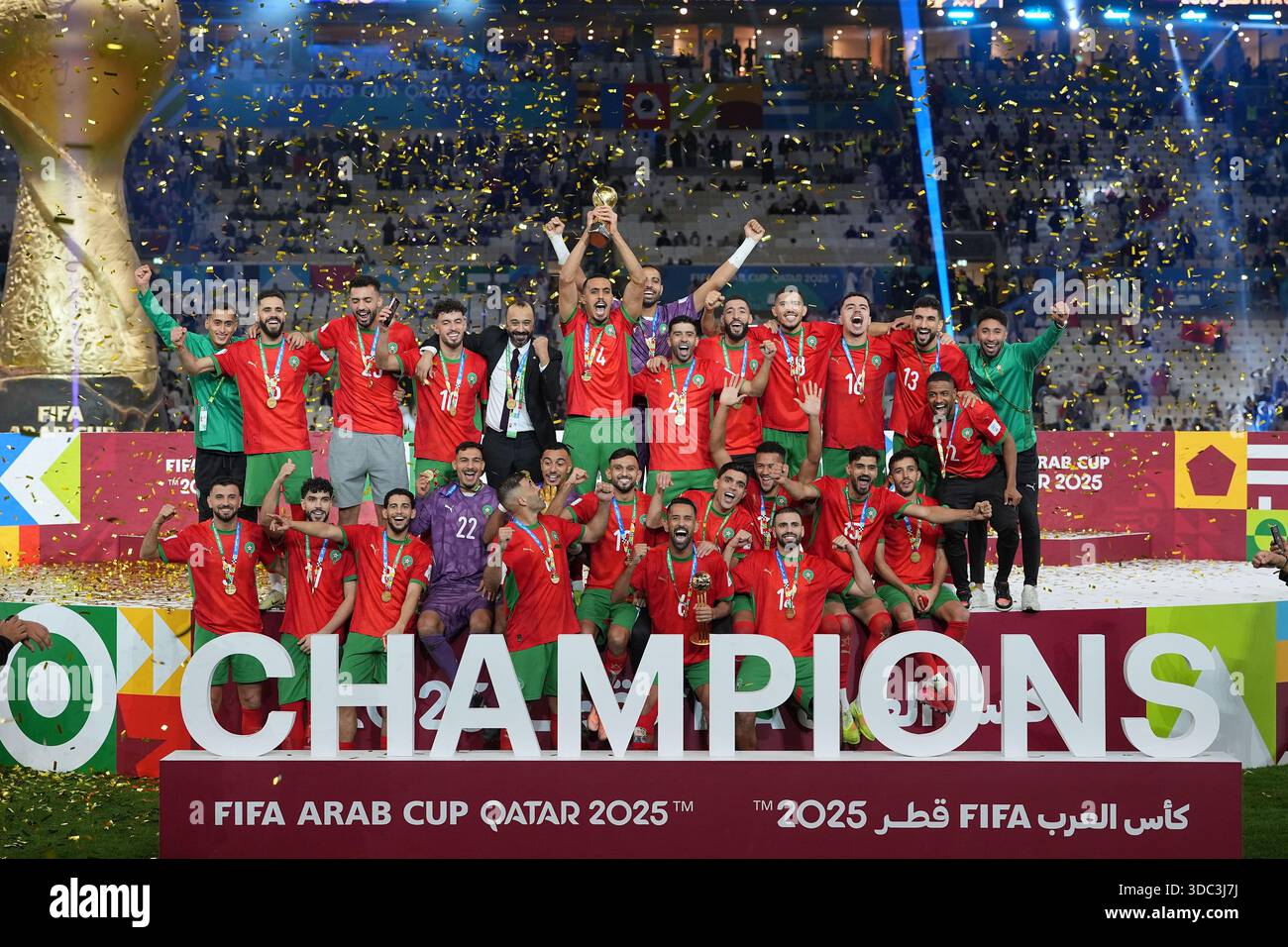 Doha, Qatar. December 18 2025: Morocco and Jordan football players on ...