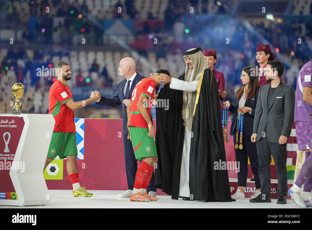 Doha, Qatar. December 18 2025: Morocco and Jordan football players on ...