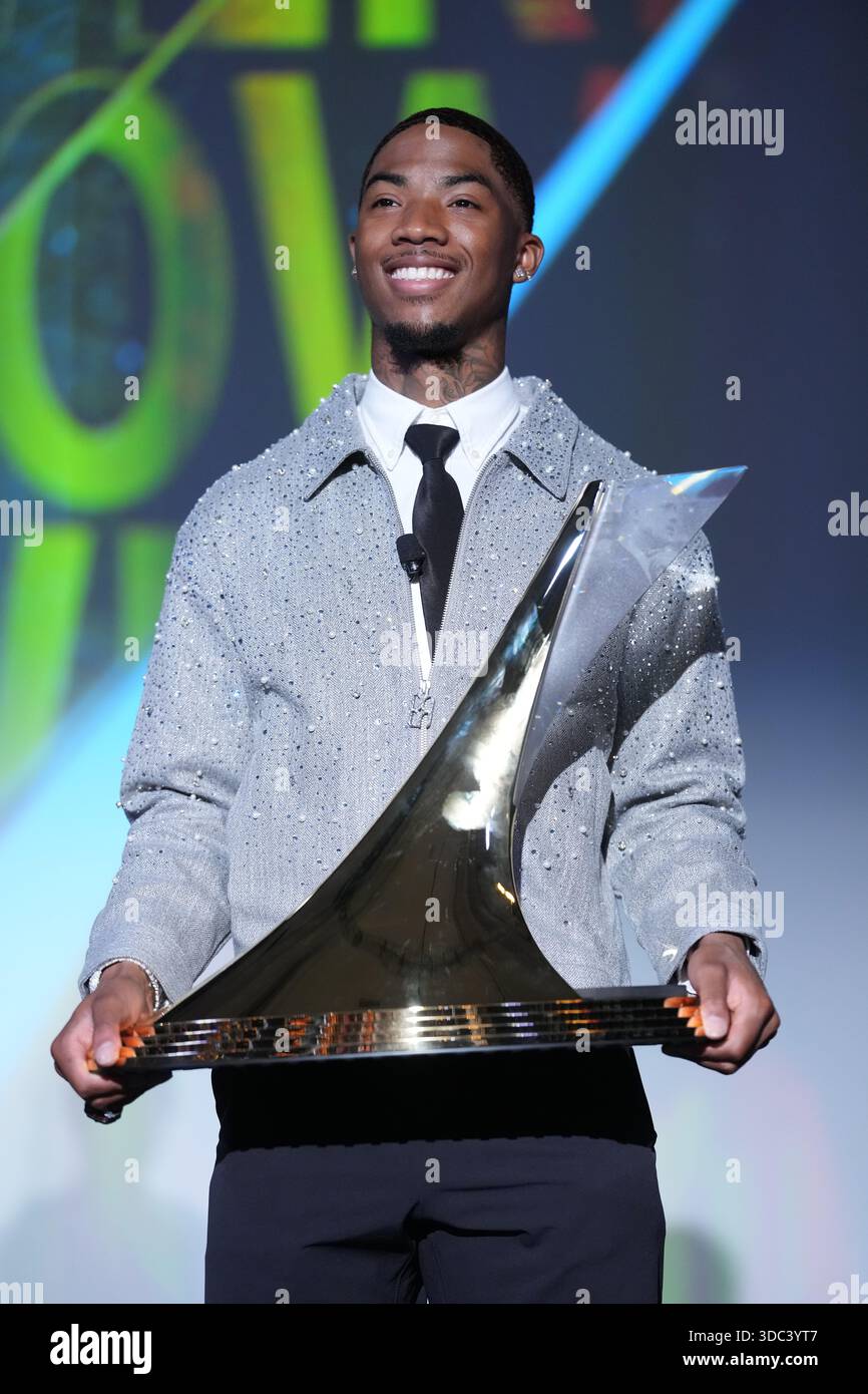 Jordan Anthony of Arkansas poses with the Bowerman Award trophy at the ...