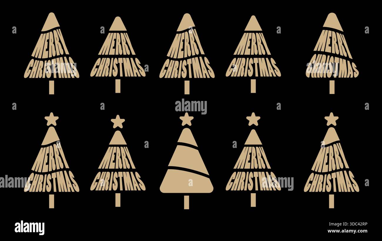 Stylized Gold Christmas Tree Designs with Merry Christmas Text. Vector ...