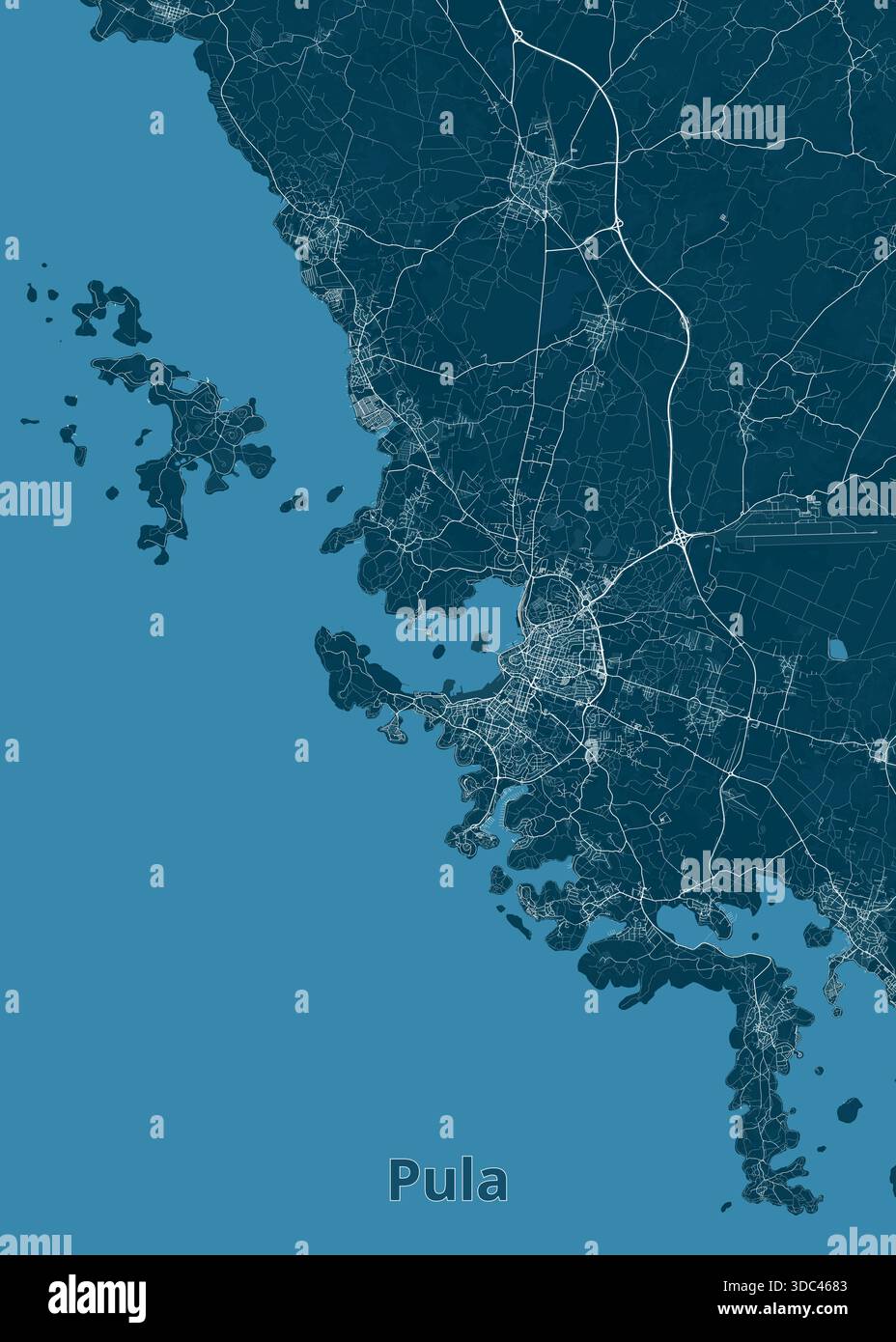 map of Pula, Croatia, rendered in shades of teal and white. The map ...