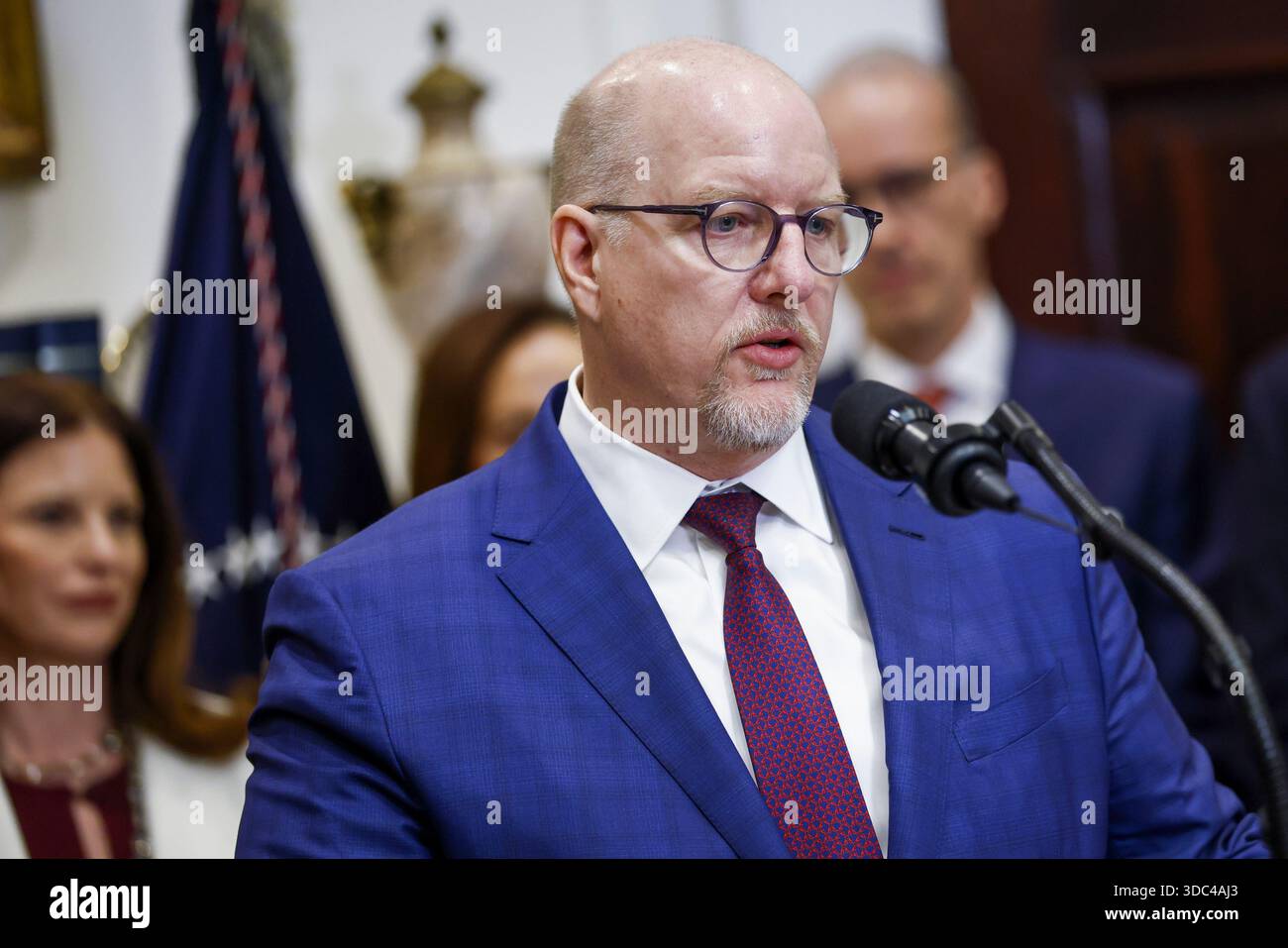 CEO of Merck Robert Davies delivers remarks following US President ...