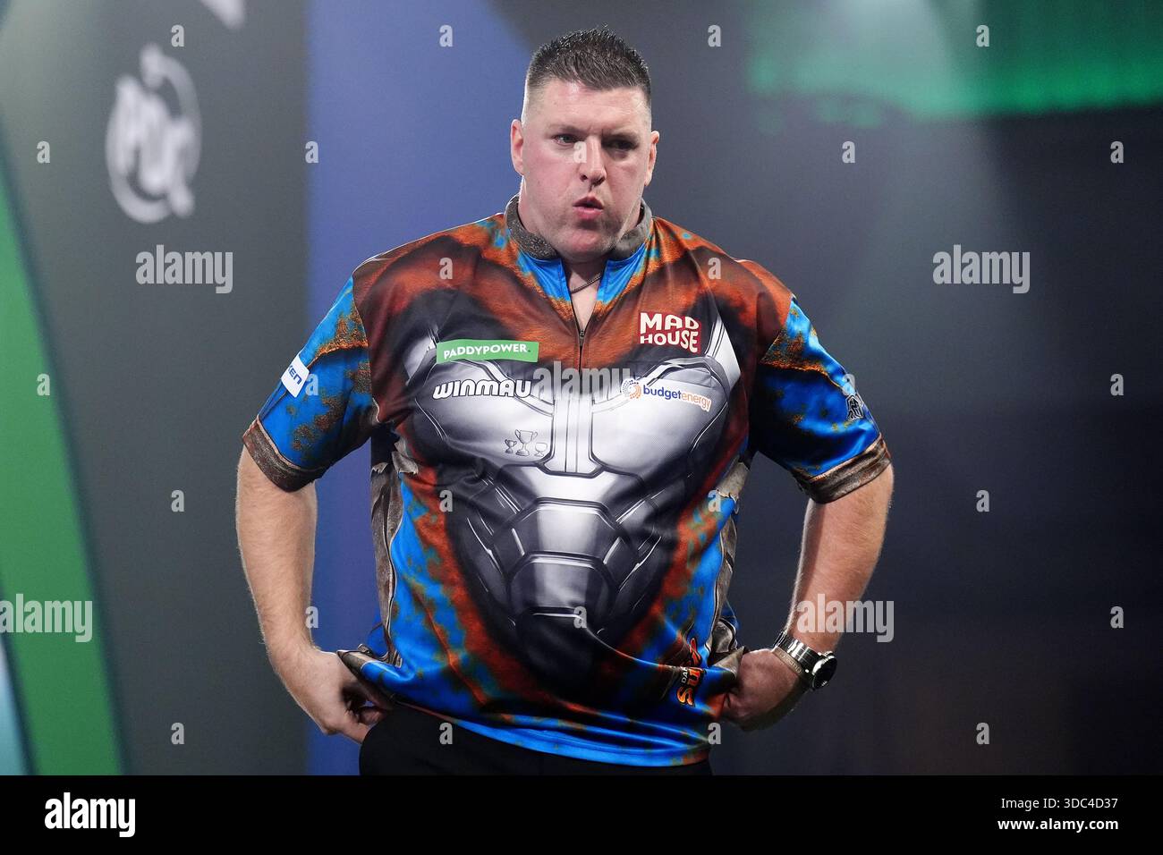 Northern Ireland's Daryl Gurney reacts during his match against England ...