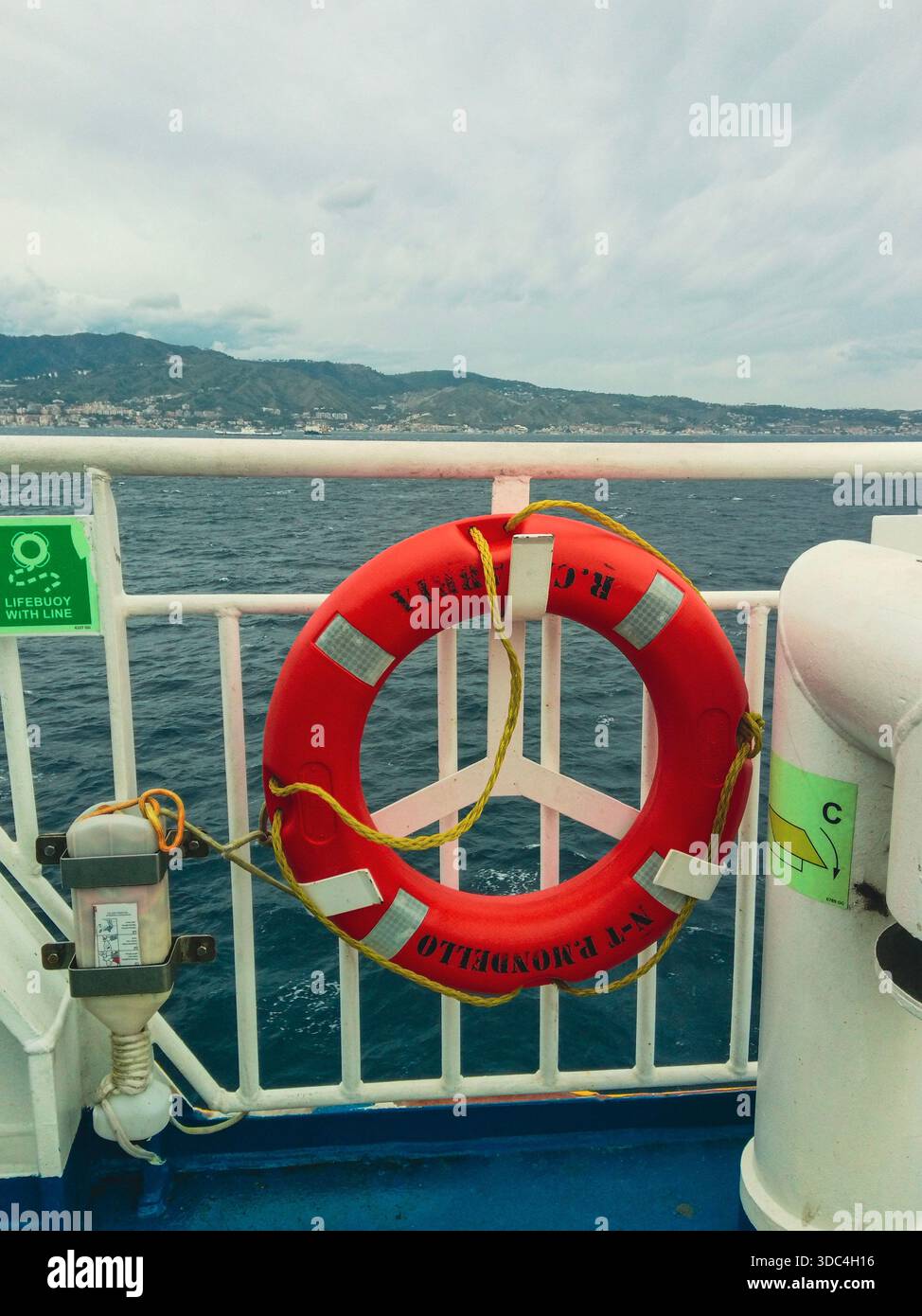 Floating ring life preserver hanging on the bridge of the ferry ...