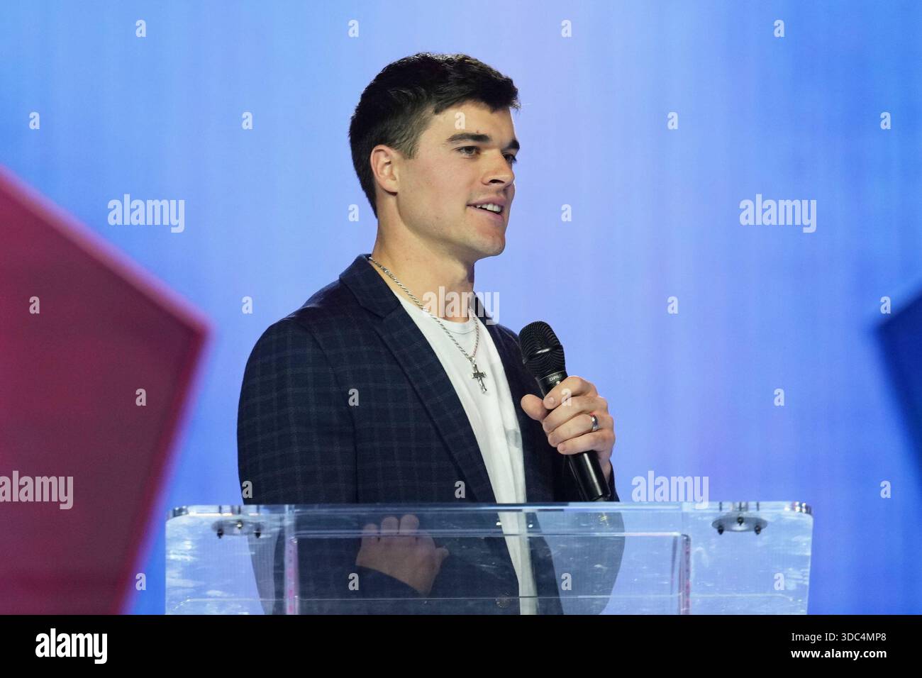 Chicago Cubs' Matt Shaw speaks during Turning Point USA's AmericaFest ...