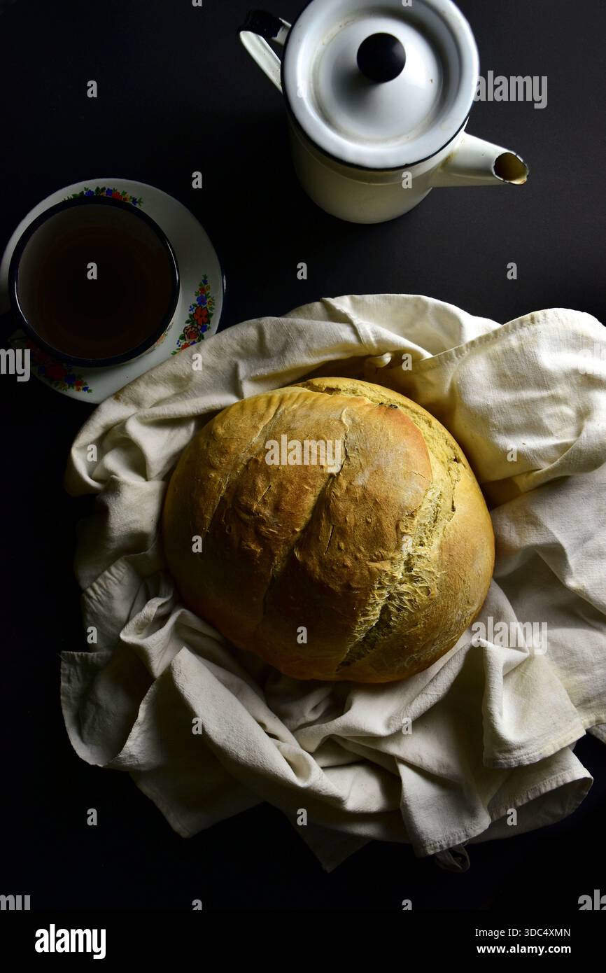Rustic Artisan Homemade Bread Boule with Vintage Tea Service Stock ...
