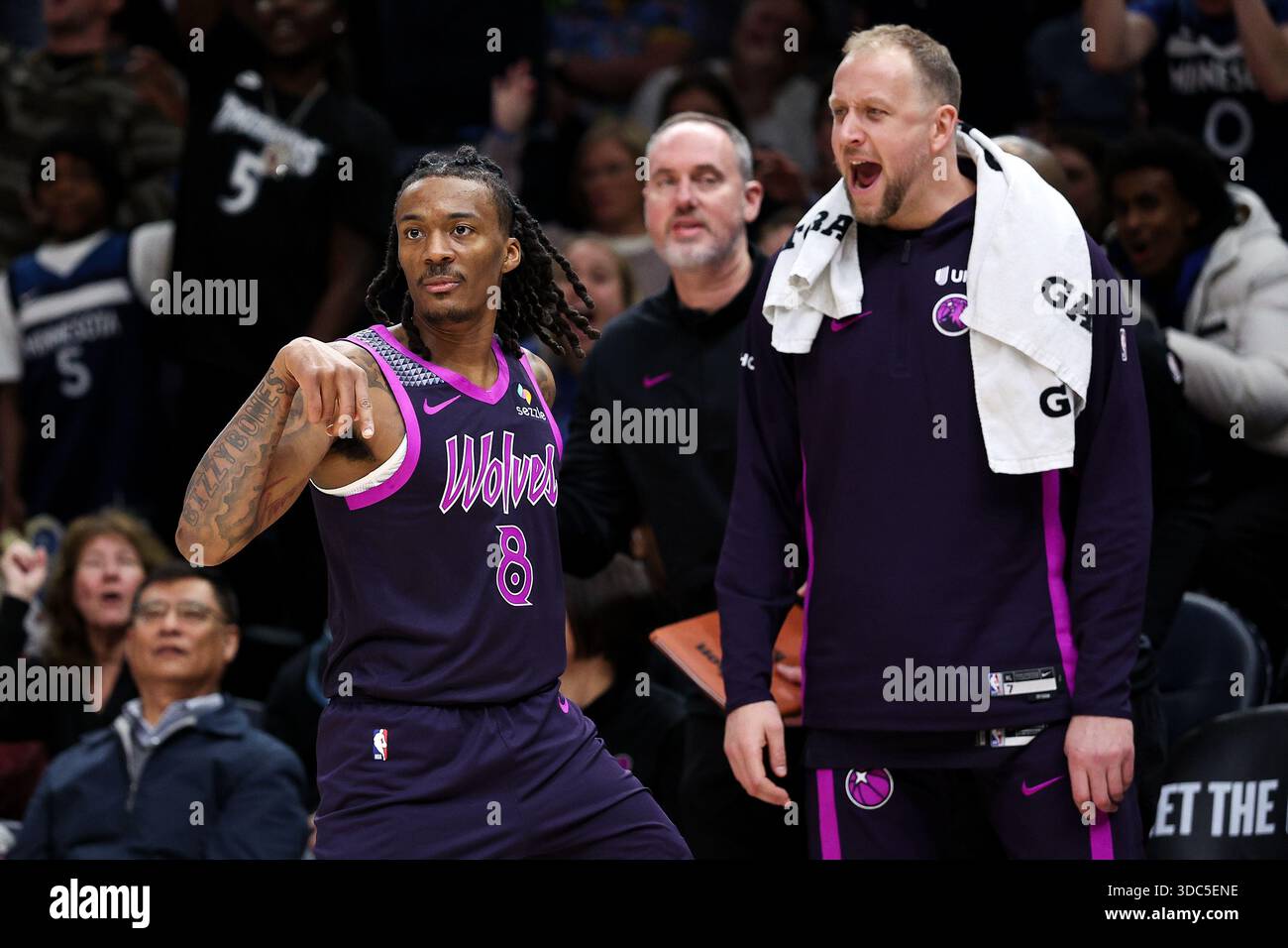 Minnesota Timberwolves guard Bones Hyland (8) celebrates after his 3 ...