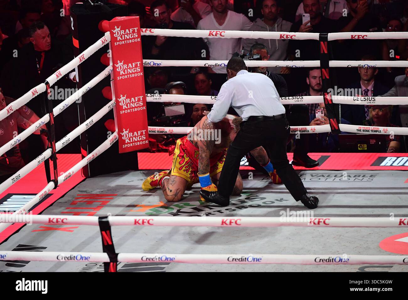 The referee checks on the knocked down Jake Paul in the sixth round ...