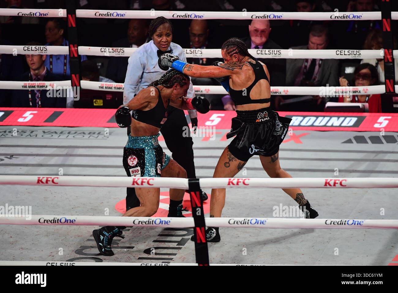 Cherneka Johnson misses with her punch over the head of Amanda Galle ...