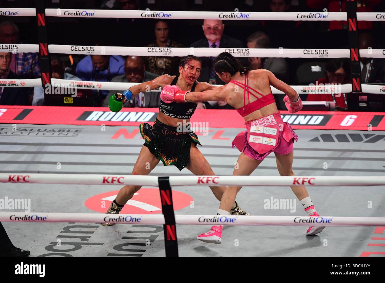 Yokasta Valle and Yadira Bustillos throw punches at each other during ...