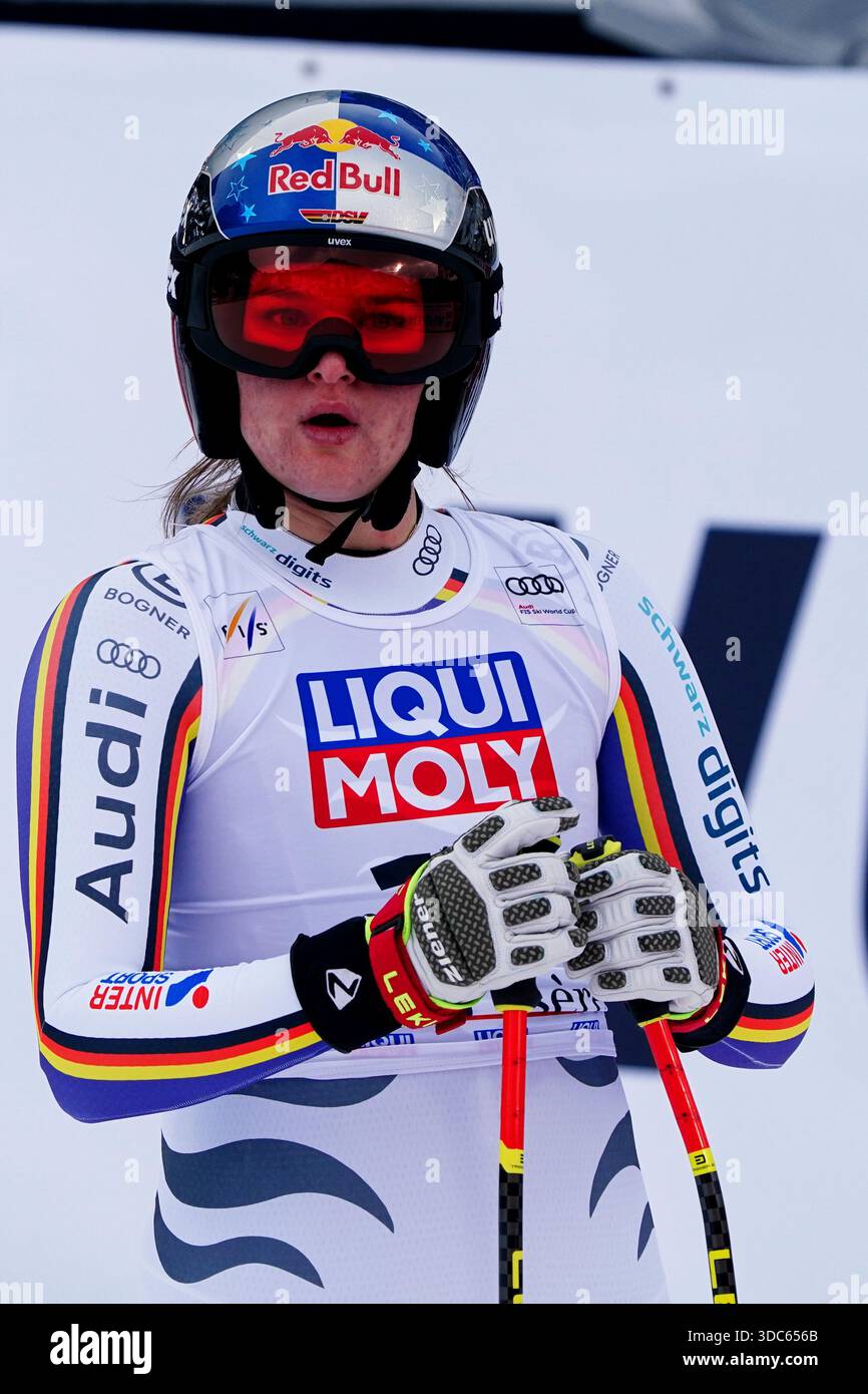 Germany's Emma Aicher checks her time at the finish area of an alpine ...