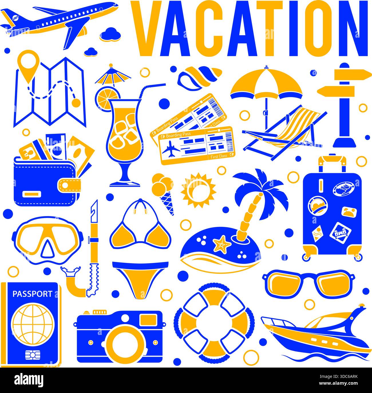 Vacation and Tourism Concept with two color Flat Icons Boat, Cocktail ...