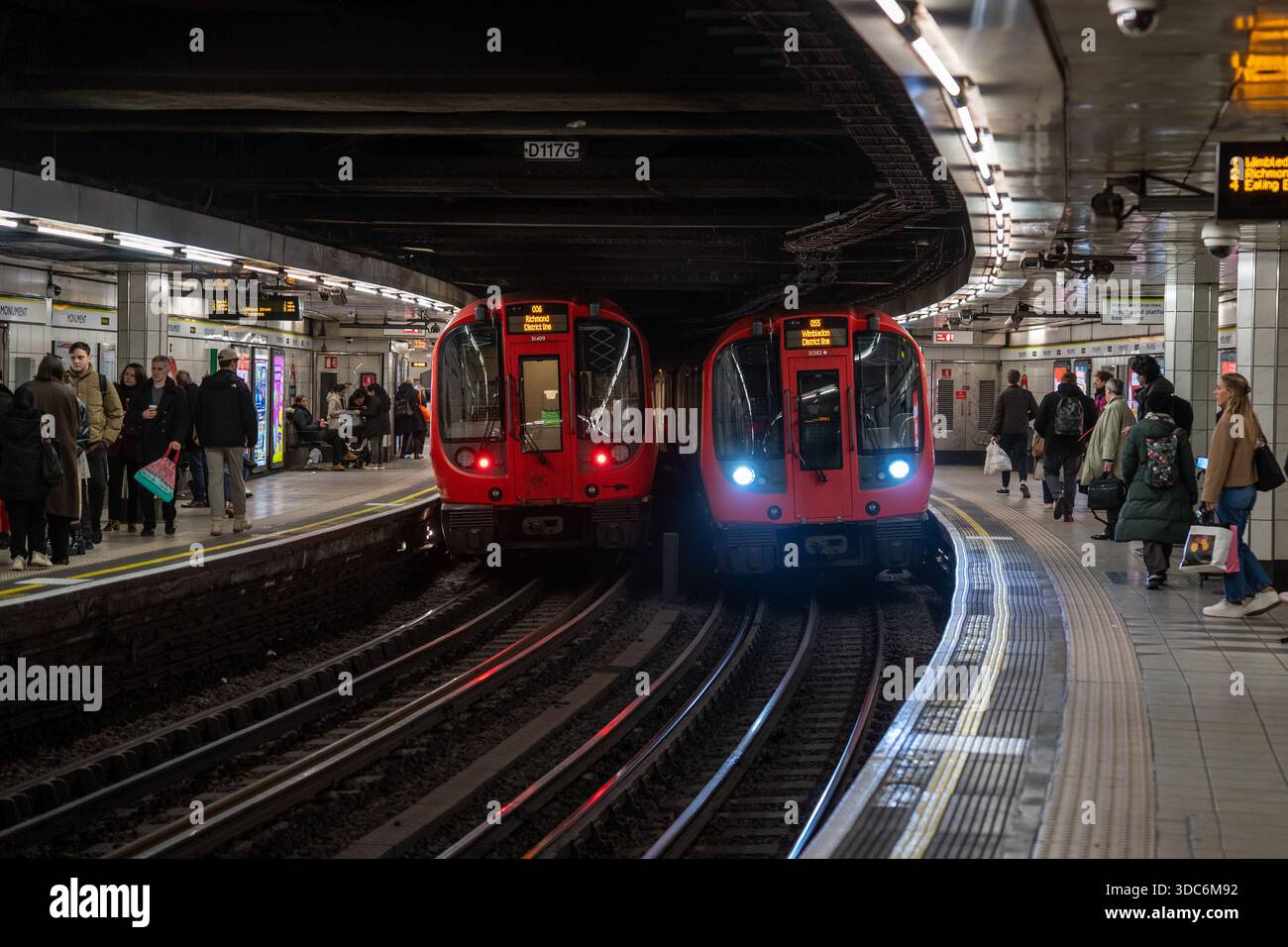 A district Line tube train arriving at a train station on December 19 ...