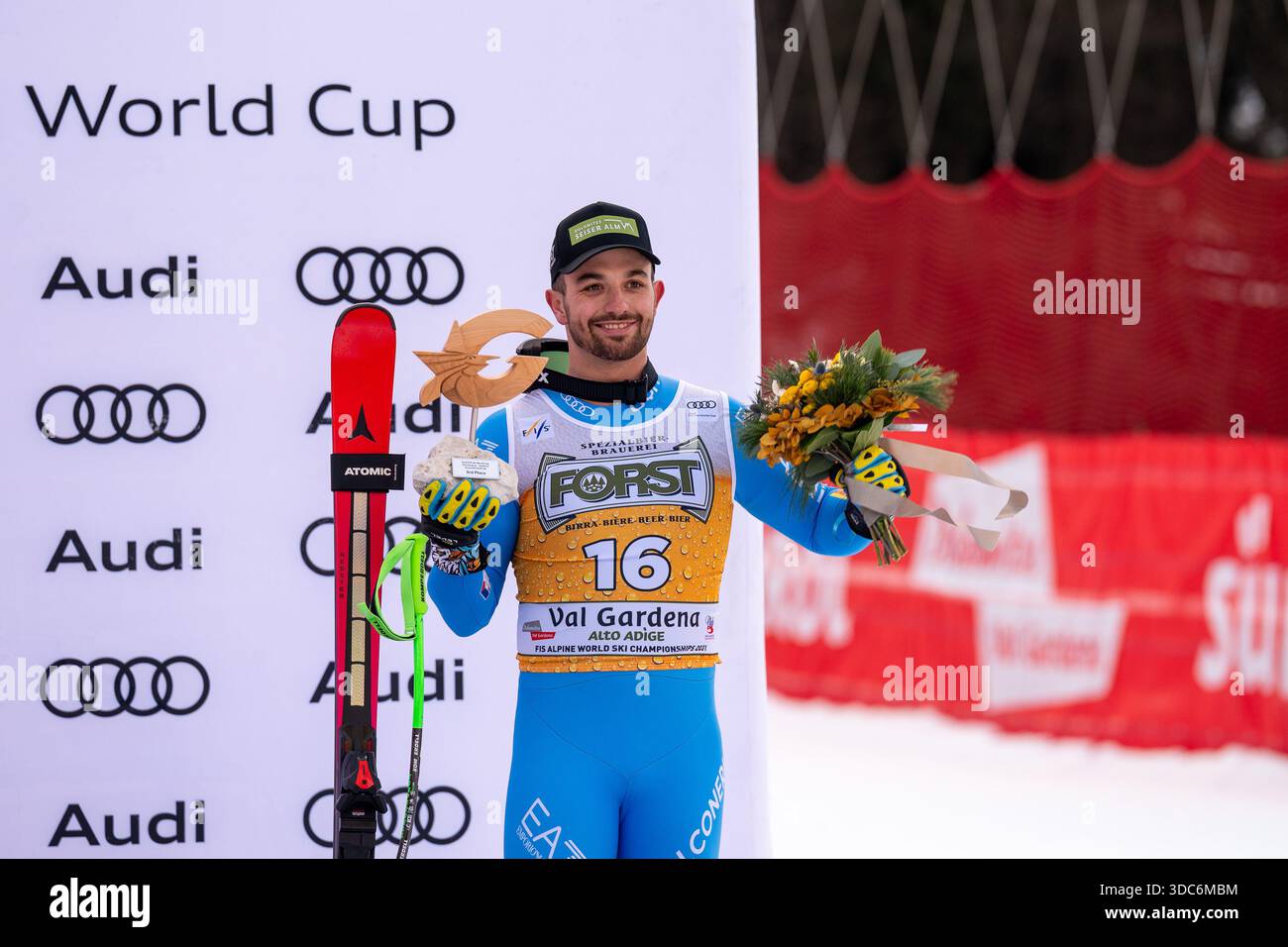 Florian Schieder (ITA) celebrating his third place during 2026 Audi FIS ...