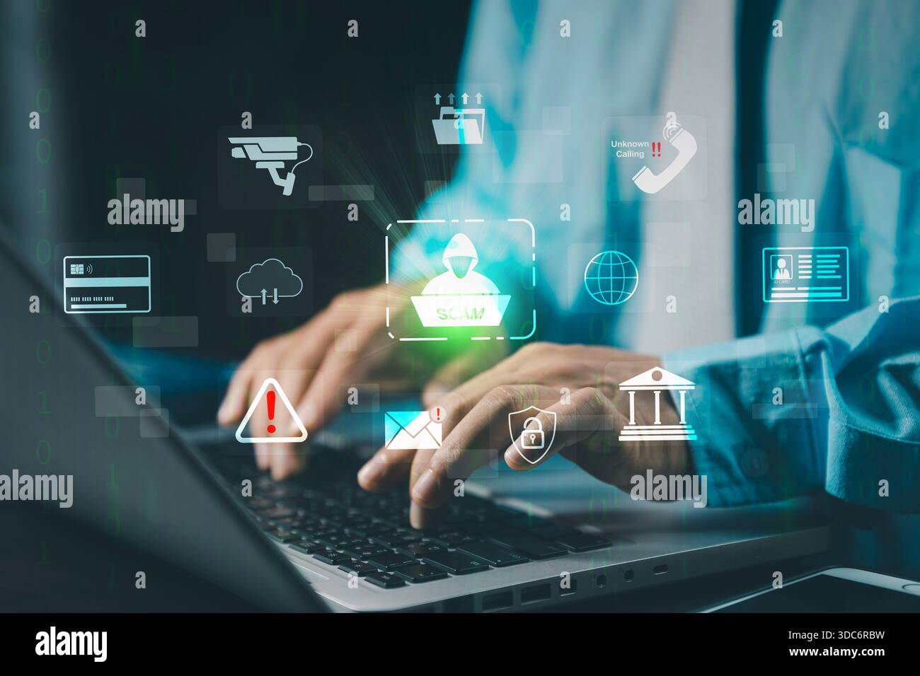 Hacker, Scam alert warning with cybersecurity icons. Businessman being ...