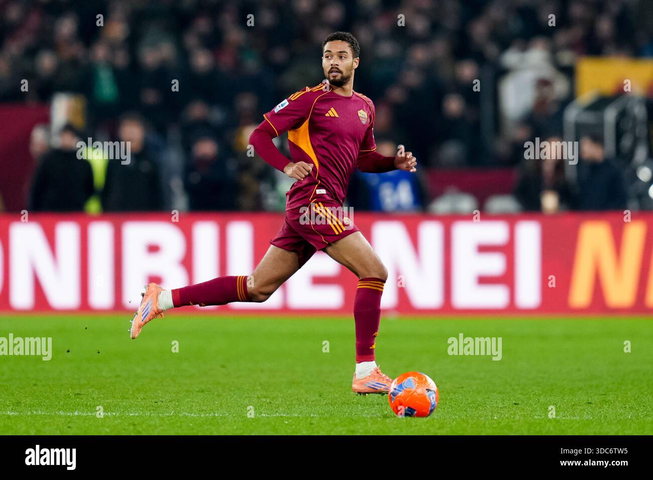 Devyne Rensch of AS Roma in action during the Serie A Enilive match ...