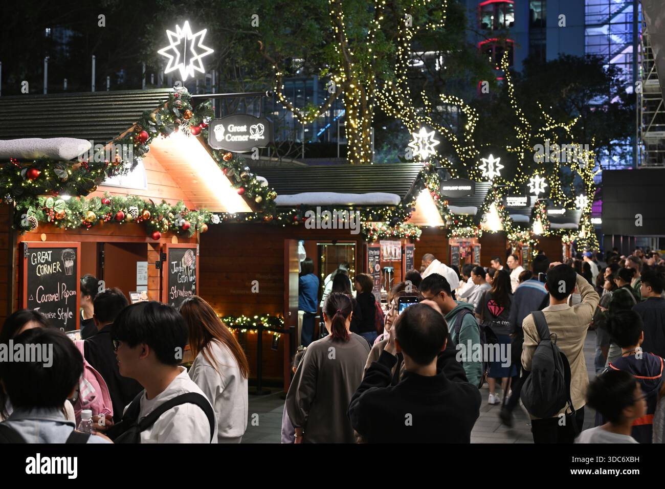 A general view showing the Christmas light decoration and the people ...