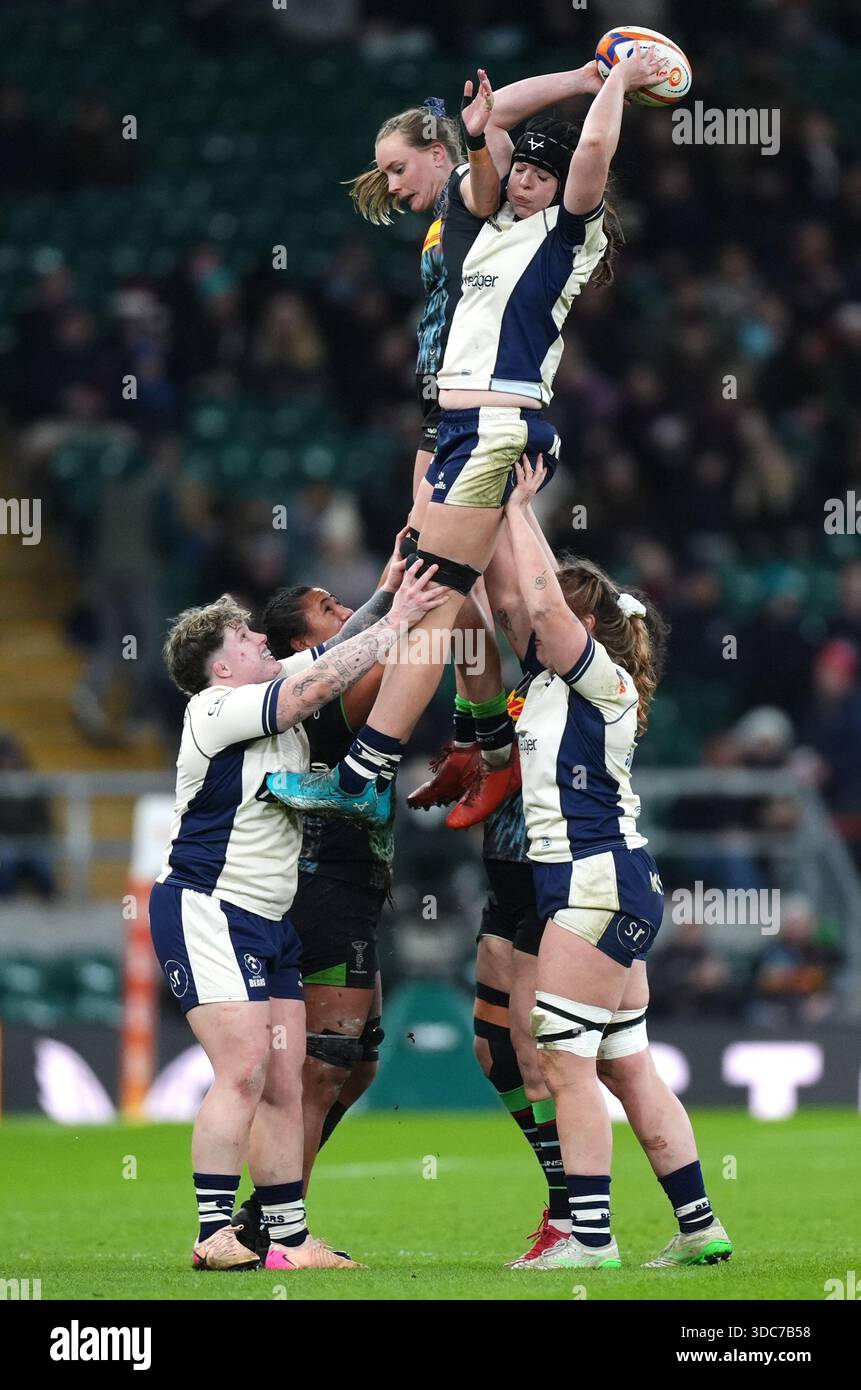 Bristol Bears' Abbie Ward catches the ball from Harlequins' Fi McIntosh ...