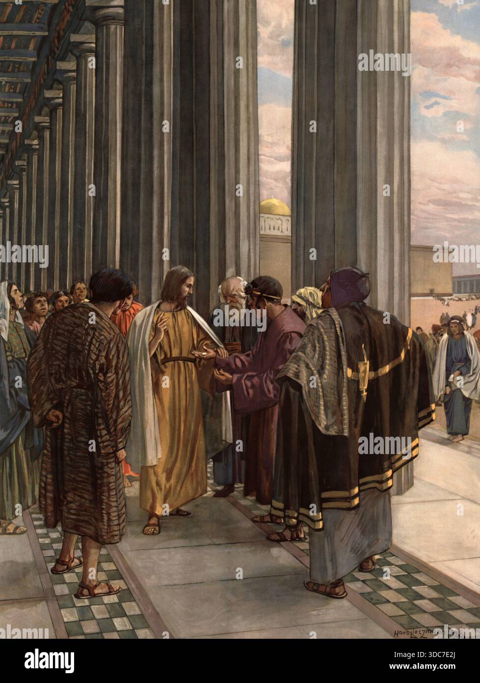 Scene from the biblical story, The Tribute Money, a famous New ...