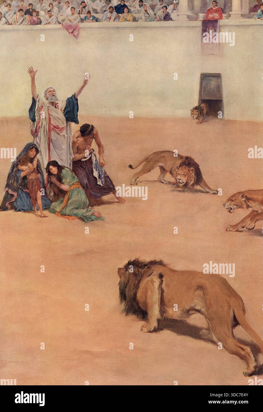 Scene from biblical history, early Christian martyrs in the arena with ...