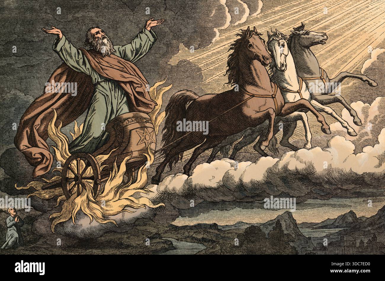 Scene from the biblical story, The Ascension of Elijah, based on the ...