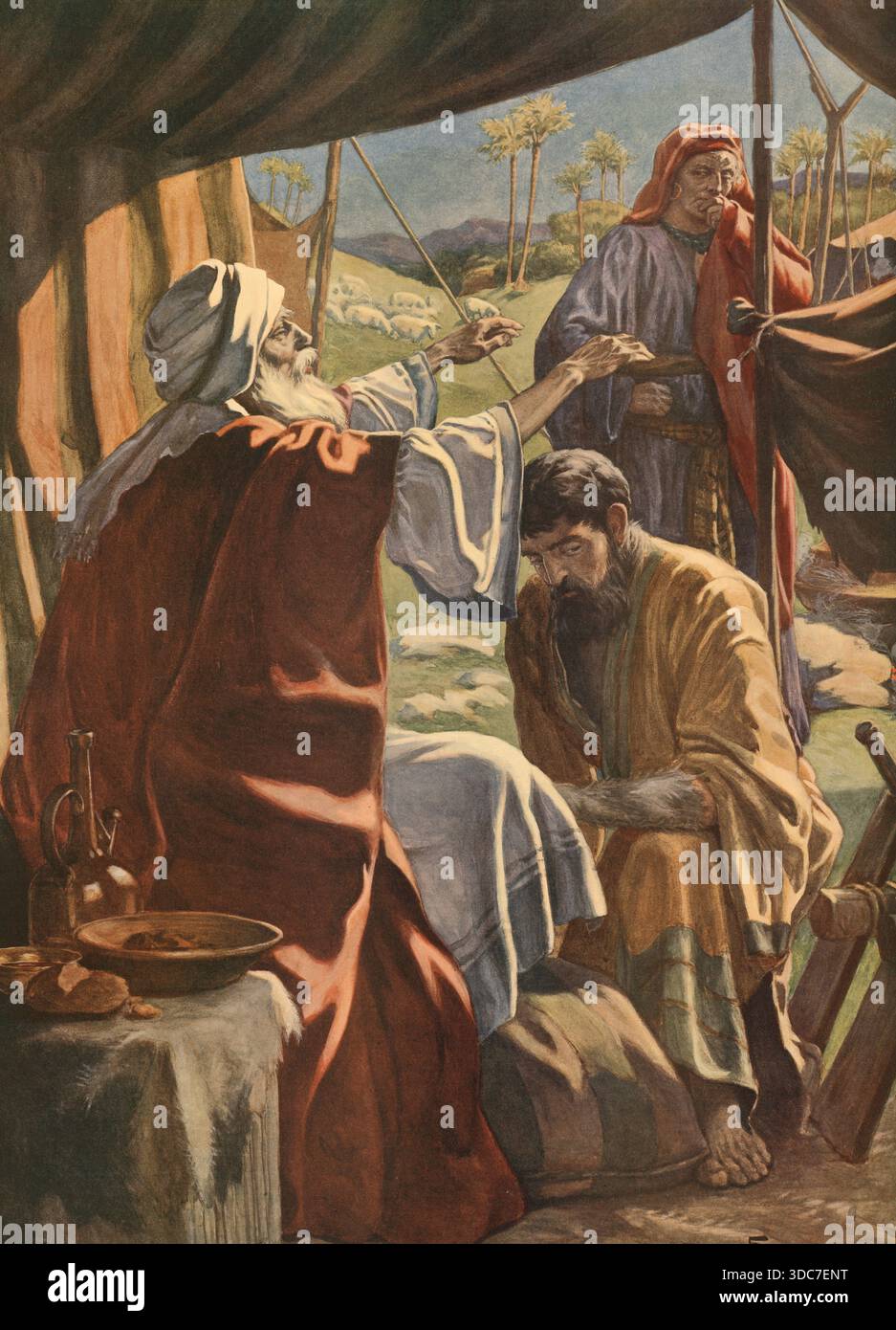 Scene from the biblical story, Jacob receiving the blessing, a central ...