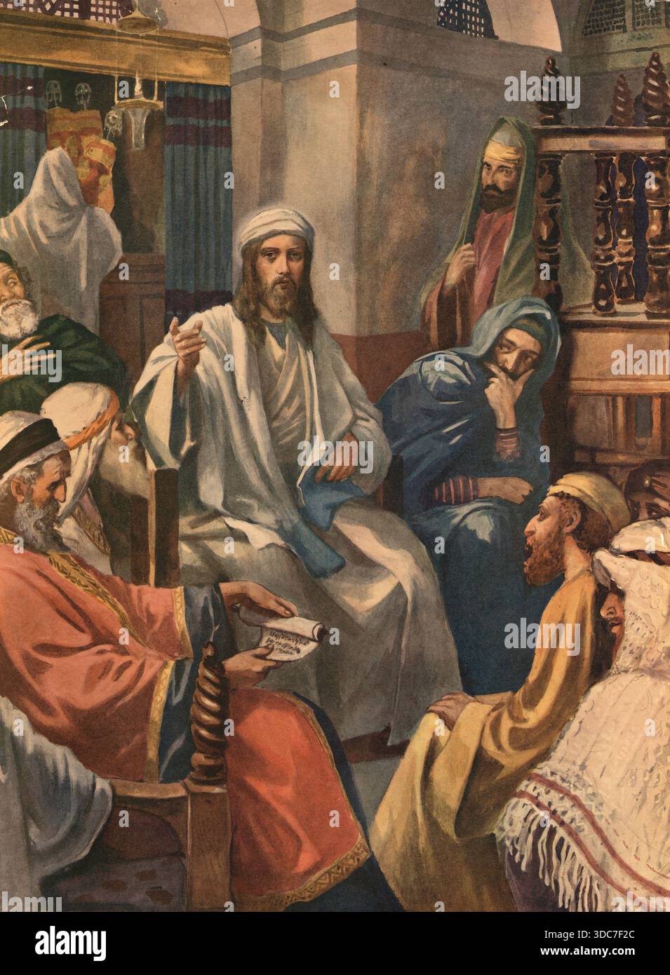 Scene from the biblical story, Jesus in the synagogue of Nazareth ...