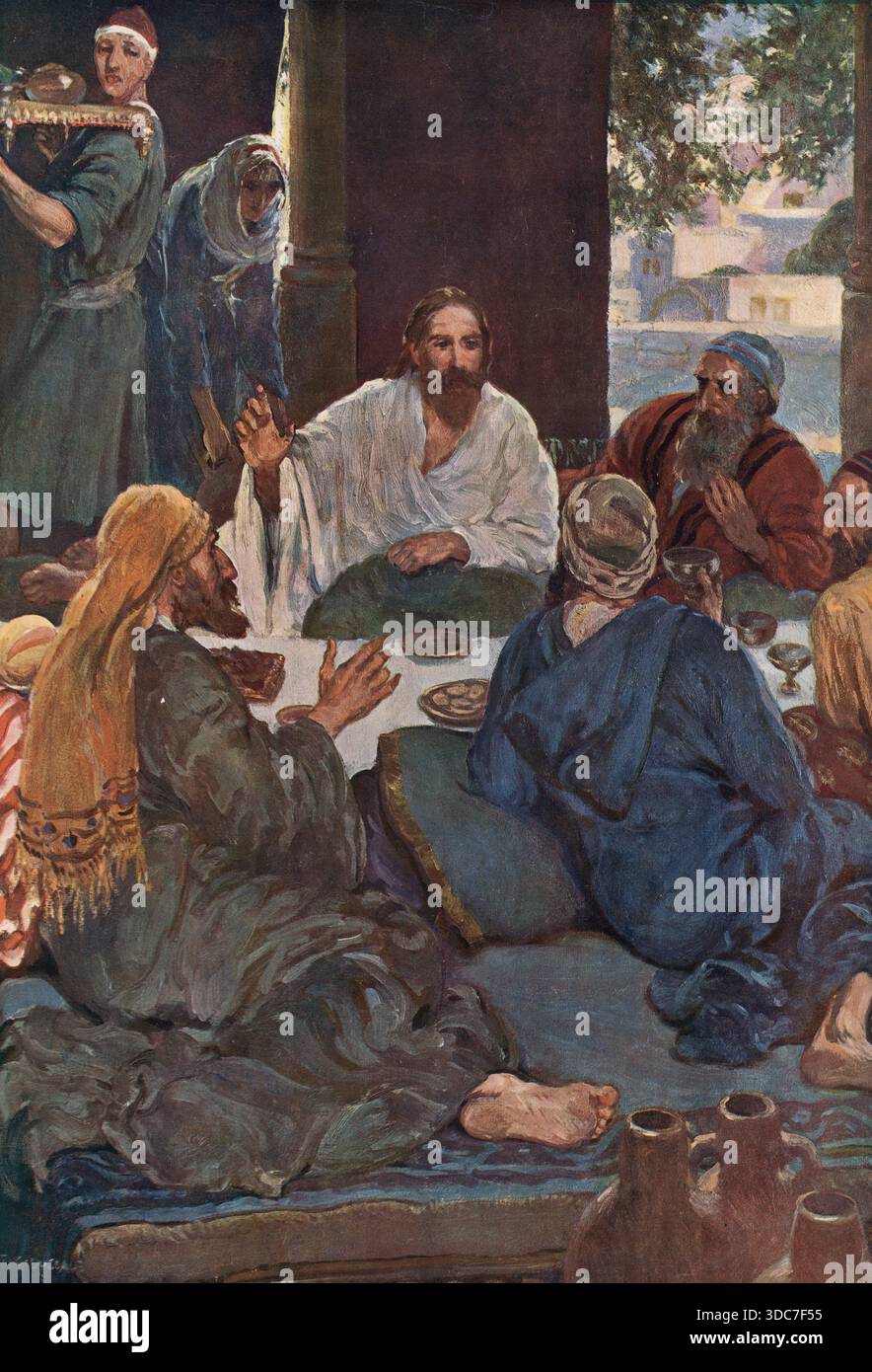 Scene from the biblical story, Jesus as a guest in the house of a ...