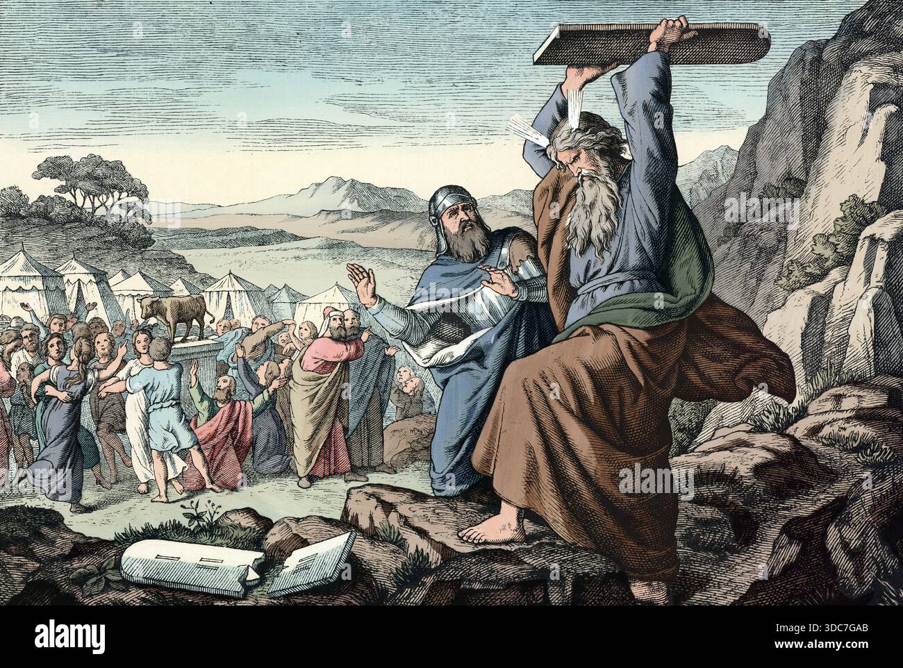 Scene from the biblical story: Moses breaks the tablets of the law ...