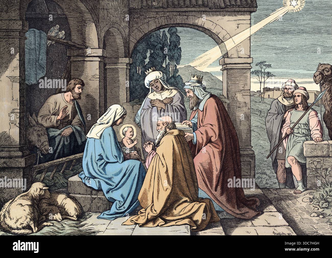 "Scene from the biblical story, The Adoration of the Magi, depicts the ...